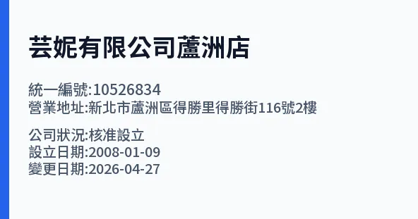 芸妮有限公司蘆洲店的照片-統編 10526834(新北市) 公司登記資料與營業項目詳細圖表