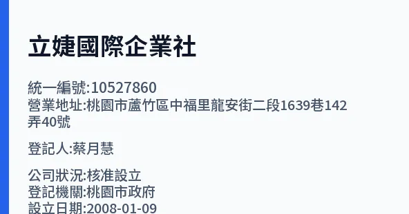 立婕國際企業社的照片-統編 10527860(桃園市) 公司登記資料與營業項目詳細圖表