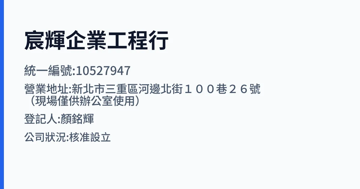 宸輝企業工程行 - 統編 10527947(新北市) 公司登記資料與營業項目詳細圖表
