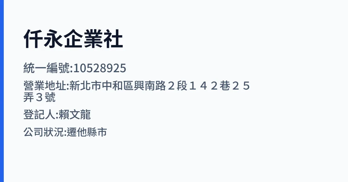 仟永企業社 - 統編 10528925(桃園市) 公司登記資料與營業項目詳細圖表