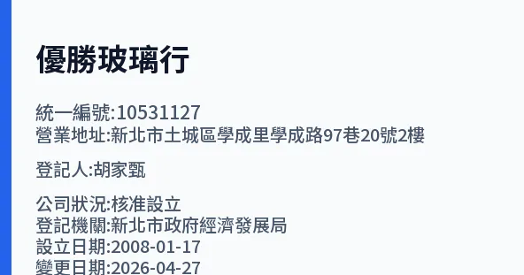 優勝玻璃行的照片-統編 10531127(新北市) 公司登記資料與營業項目詳細圖表