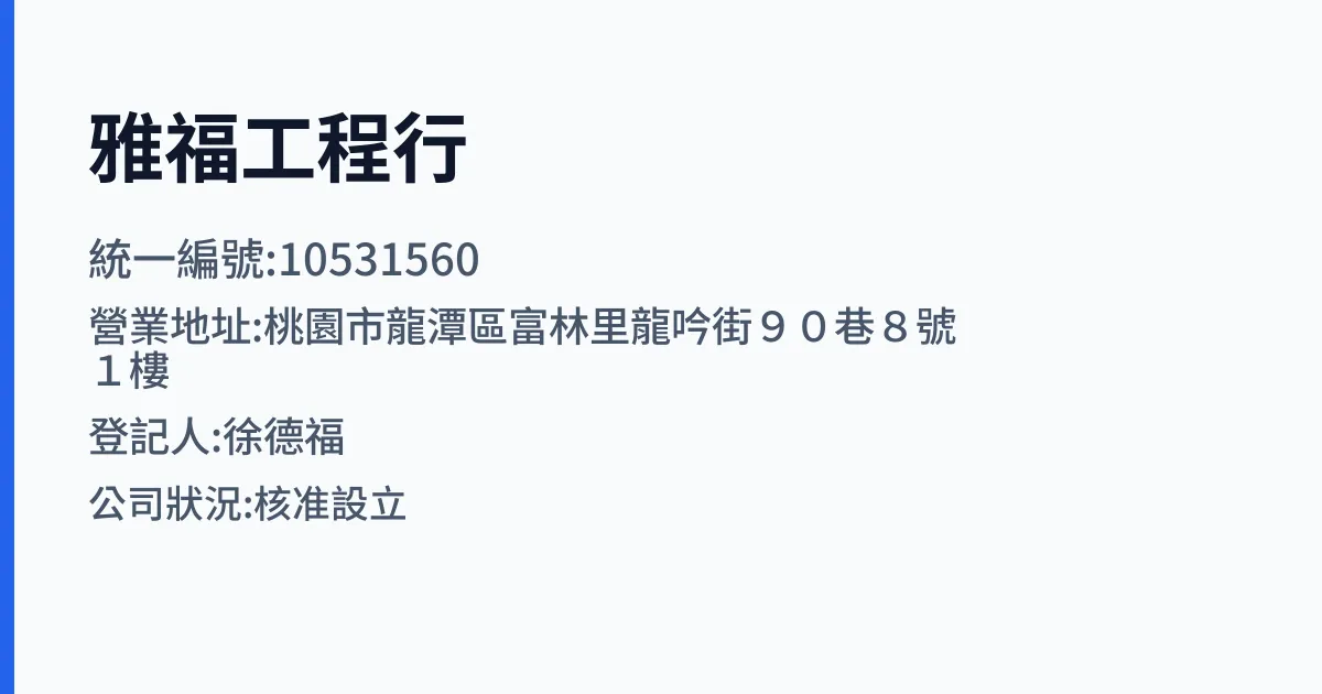 雅福工程行 - 統編 10531560(桃園市) 公司登記資料與營業項目詳細圖表