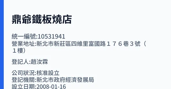 鼎爺鐵板燒店的照片-統編 10531941(新北市) 公司登記資料與營業項目詳細圖表