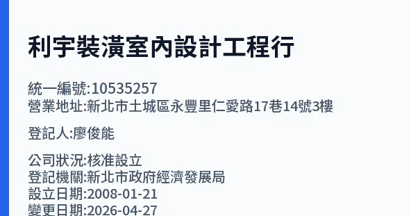 利宇裝潢室內設計工程行的照片-統編 10535257(新北市) 公司登記資料與營業項目詳細圖表