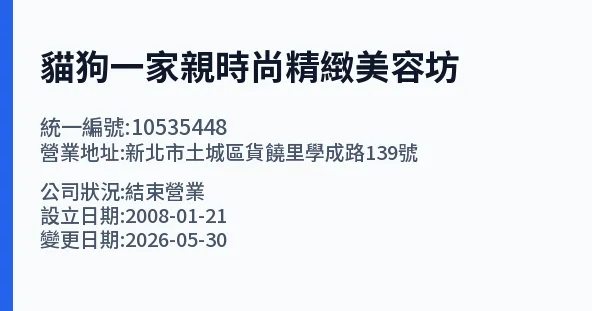 貓狗一家親時尚精緻美容坊的照片-統編 10535448(新北市) 公司登記資料與營業項目詳細圖表