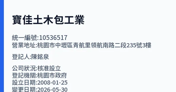 寶佳土木包工業的照片-統編 10536517(桃園市) 公司登記資料與營業項目詳細圖表