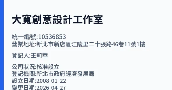 大寬創意設計工作室的照片-統編 10536853(新北市) 公司登記資料與營業項目詳細圖表