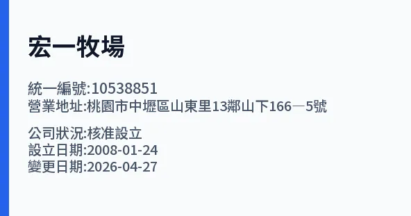宏一牧場的照片-統編 10538851(桃園市) 公司登記資料與營業項目詳細圖表