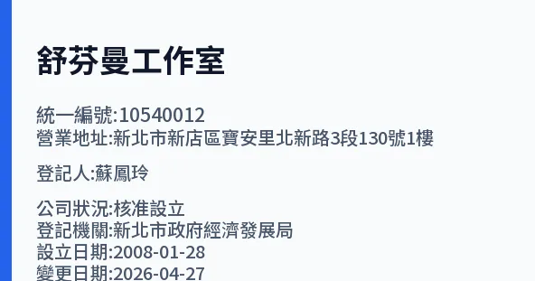 舒芬曼工作室的照片-統編 10540012(新北市) 公司登記資料與營業項目詳細圖表