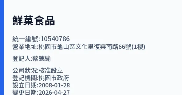 鮮菓食品的照片-統編 10540786(桃園市) 公司登記資料與營業項目詳細圖表