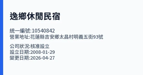 逸鄉休閒民宿的照片-統編 10540842(花蓮縣) 公司登記資料與營業項目詳細圖表