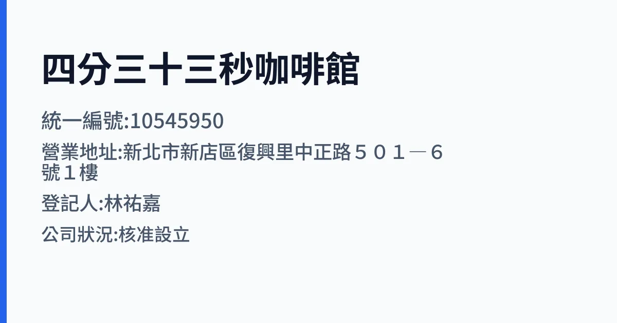 四分三十三秒咖啡館 - 統編 10545950(新北市) 公司登記資料與營業項目詳細圖表