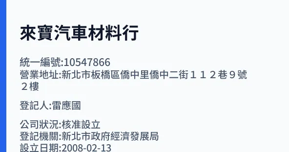 來寶汽車材料行的照片-統編 10547866(新北市) 公司登記資料與營業項目詳細圖表