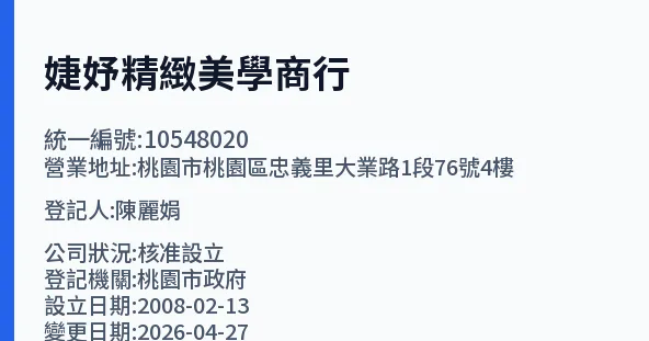 婕妤精緻美學商行的照片-統編 10548020(桃園市) 公司登記資料與營業項目詳細圖表