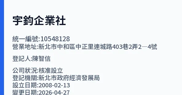 宇鈞企業社的照片-統編 10548128(新北市) 公司登記資料與營業項目詳細圖表