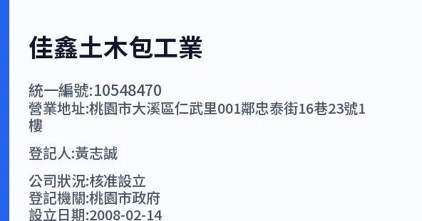 佳鑫土木包工業的照片-統編 10548470(桃園市) 公司登記資料與營業項目詳細圖表