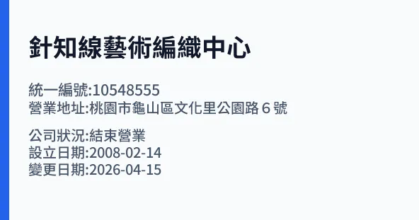 針知線藝術編織中心的照片-統編 10548555(桃園市) 公司登記資料與營業項目詳細圖表