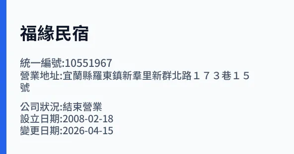 福緣民宿的照片-統編 10551967(宜蘭縣) 公司登記資料與營業項目詳細圖表