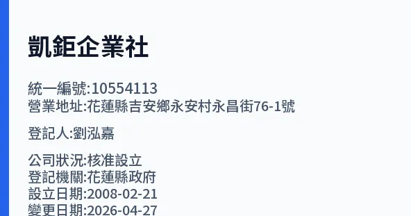 凱鉅企業社的照片-統編 10554113(花蓮縣) 公司登記資料與營業項目詳細圖表