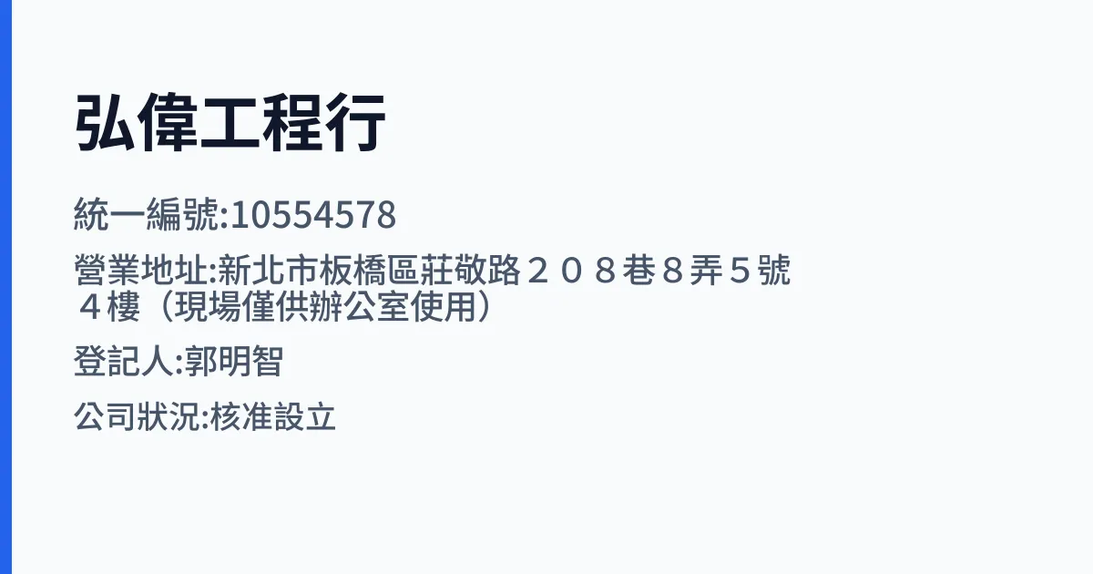 弘偉工程行 - 統編 10554578(新北市) 公司登記資料與營業項目詳細圖表