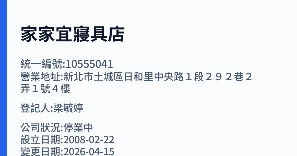 家家宜寢具店的照片-統編 10555041(新北市) 公司登記資料與營業項目詳細圖表