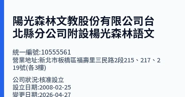 陽光森林文教股份有限公司台北縣分公司附設楊光森林語文的照片-統編 10555561(新北市) 公司登記資料與營業項目詳細圖表