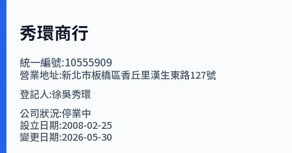 秀環商行的照片-統編 10555909(新北市) 公司登記資料與營業項目詳細圖表