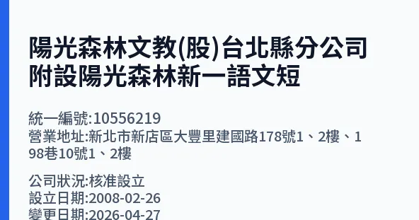 陽光森林文教(股)台北縣分公司附設陽光森林新一語文短的照片-統編 10556219(新北市) 公司登記資料與營業項目詳細圖表
