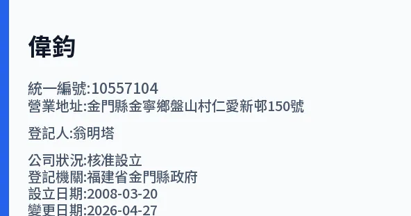 偉鈞的照片-統編 10557104(金門縣) 公司登記資料與營業項目詳細圖表