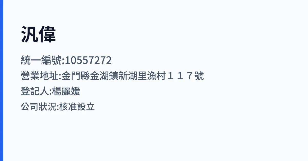 汎偉 - 統編 10557272(金門縣) 公司登記資料與營業項目詳細圖表