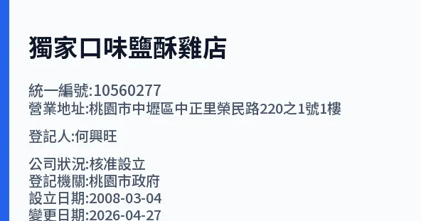 獨家口味鹽酥雞店的照片-統編 10560277(桃園市) 公司登記資料與營業項目詳細圖表