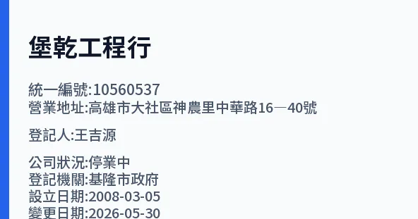 堡乾工程行的照片-統編 10560537(高雄市) 公司登記資料與營業項目詳細圖表