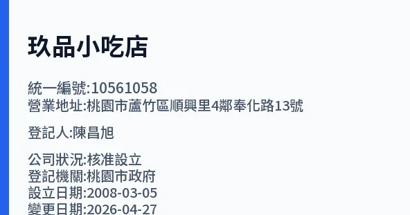 玖品小吃店的照片-統編 10561058(桃園市) 公司登記資料與營業項目詳細圖表
