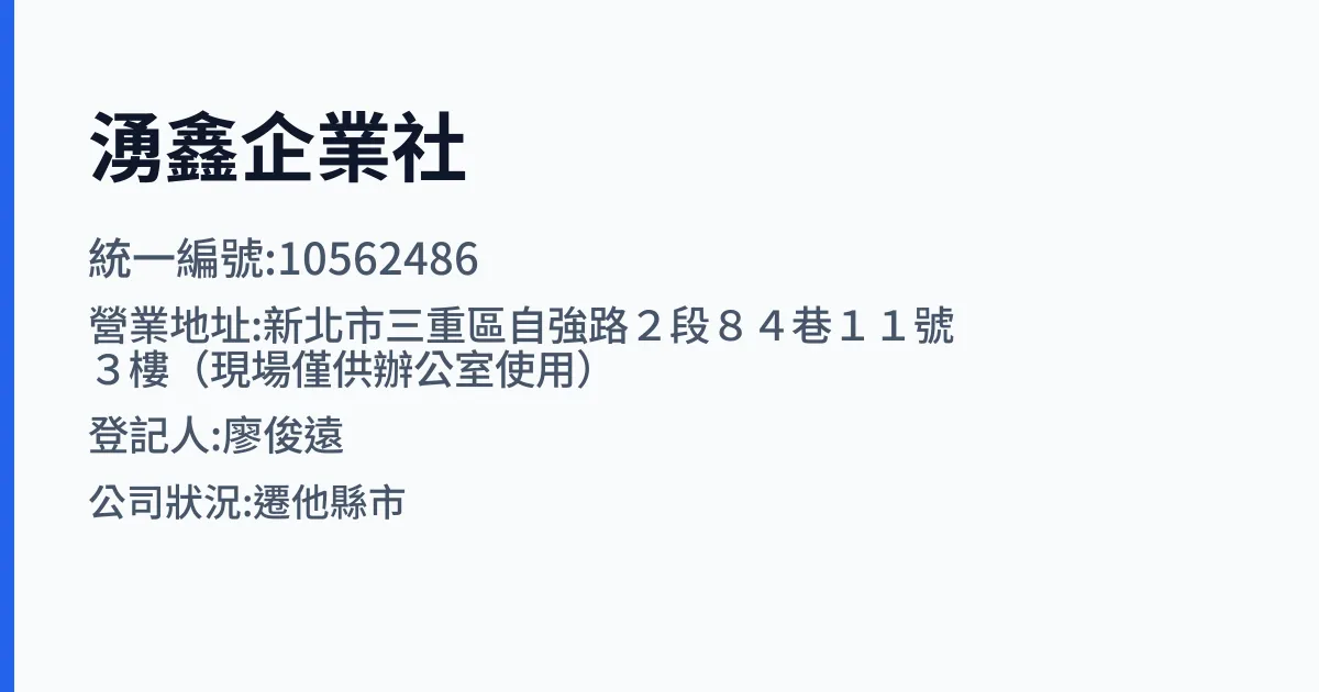 湧鑫企業社 - 統編 10562486(臺北市) 公司登記資料與營業項目詳細圖表