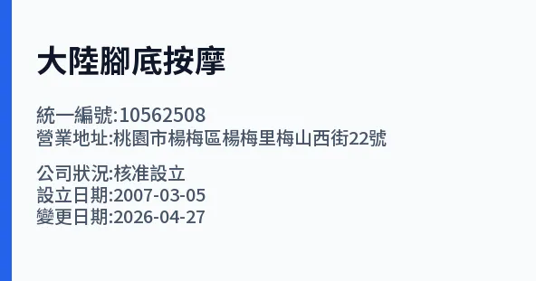 大陸腳底按摩的照片-統編 10562508(桃園市) 公司登記資料與營業項目詳細圖表