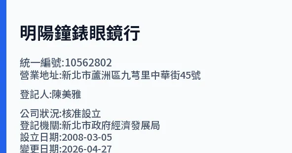 明陽鐘錶眼鏡行的照片-統編 10562802(新北市) 公司登記資料與營業項目詳細圖表