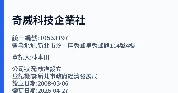 奇威科技企業社的照片-統編 10563197(新北市) 公司登記資料與營業項目詳細圖表