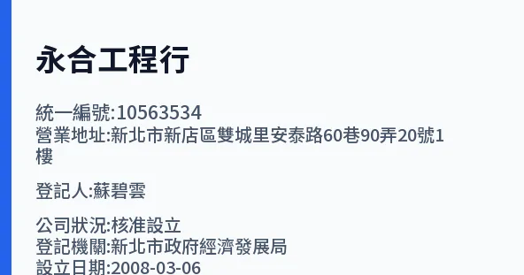 永合工程行的照片-統編 10563534(新北市) 公司登記資料與營業項目詳細圖表