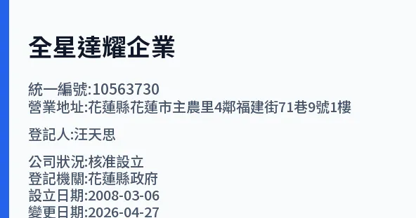 全星達耀企業的照片-統編 10563730(花蓮縣) 公司登記資料與營業項目詳細圖表