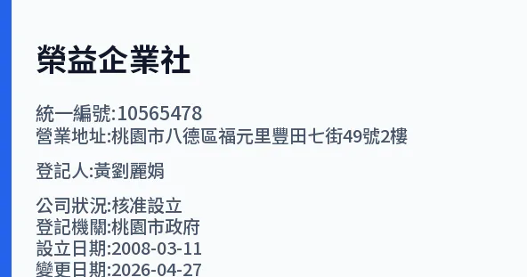 榮益企業社的照片-統編 10565478(桃園市) 公司登記資料與營業項目詳細圖表