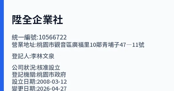 陞全企業社的照片-統編 10566722(桃園市) 公司登記資料與營業項目詳細圖表