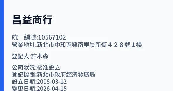 昌益商行的照片-統編 10567102(新北市) 公司登記資料與營業項目詳細圖表
