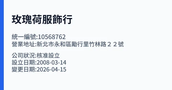 玫瑰荷服飾行的照片-統編 10568762(新北市) 公司登記資料與營業項目詳細圖表