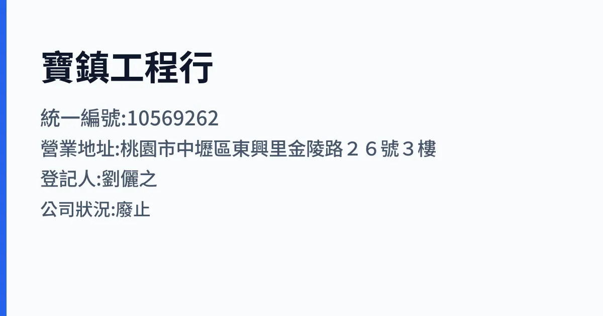 寶鎮工程行 - 統編 10569262(新竹縣) 公司登記資料與營業項目詳細圖表