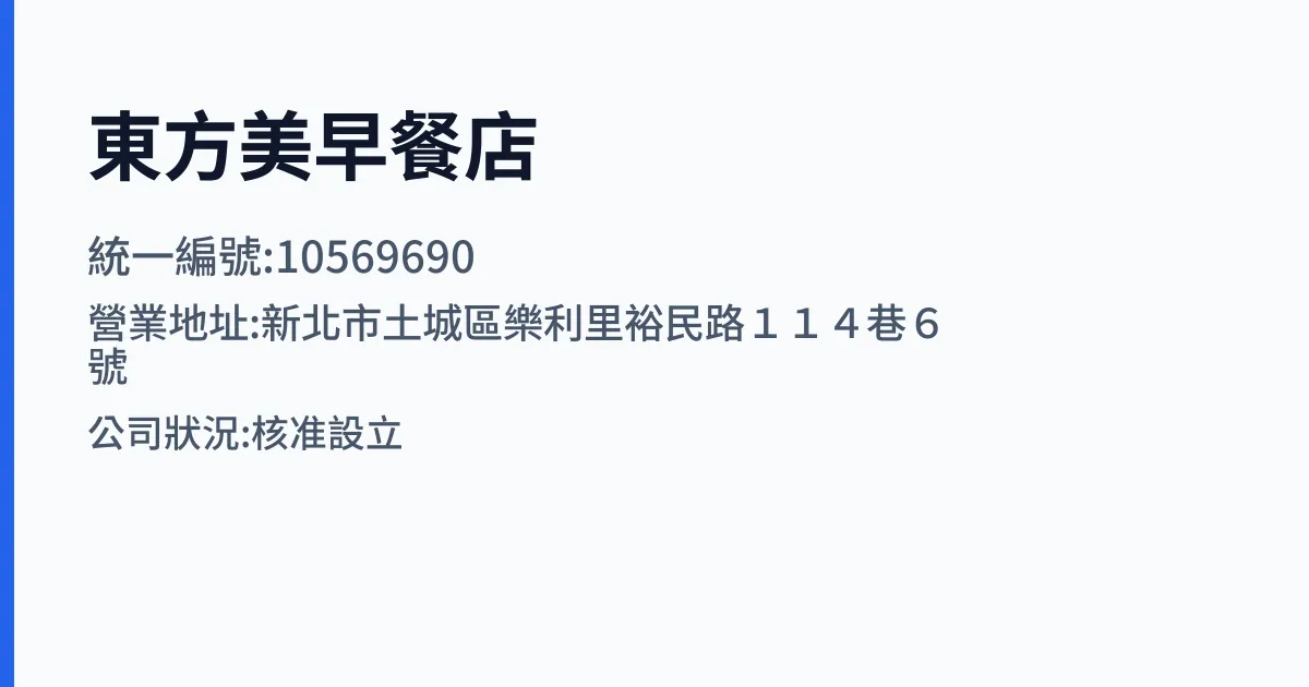 東方美早餐店 - 統編 10569690(新北市) 公司登記資料與營業項目詳細圖表