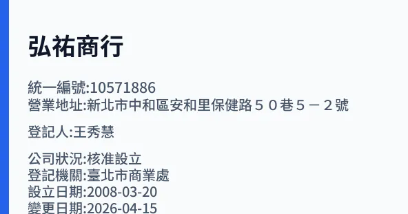 弘祐商行的照片-統編 10571886(新北市) 公司登記資料與營業項目詳細圖表