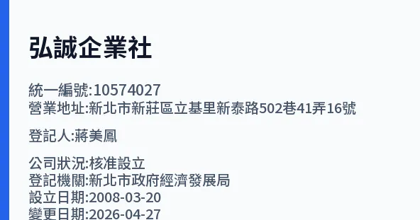 弘誠企業社的照片-統編 10574027(新北市) 公司登記資料與營業項目詳細圖表