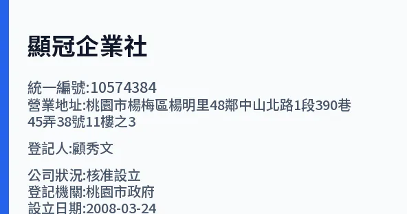顯冠企業社的照片-統編 10574384(桃園市) 公司登記資料與營業項目詳細圖表