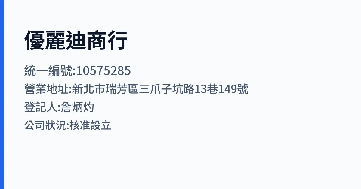 優麗迪商行 - 統編 10575285(新北市) 公司登記資料與營業項目詳細圖表