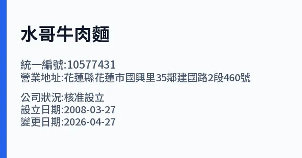 水哥牛肉麵的照片-統編 10577431(花蓮縣) 公司登記資料與營業項目詳細圖表